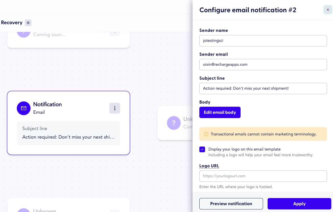 Using the Notification node for flows – Recharge